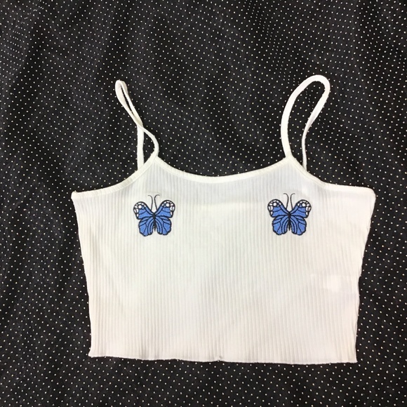 Tops | Blue Butterfly Cropped Tank Top | Poshmark